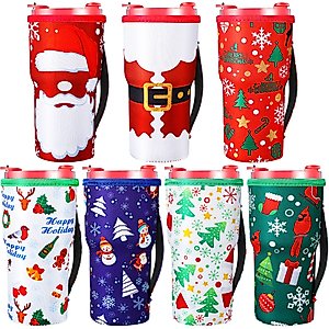 7 Pieces Christmas Coffee Sleeve Cup Reusable Iced Coffee Sleeve Insulator for Drinks Xmas Sleeve Mugs Cover Holders Santa Coffee Sleeve Tumbler Gift for 30 oz Cold Hot Beverages Milk Water