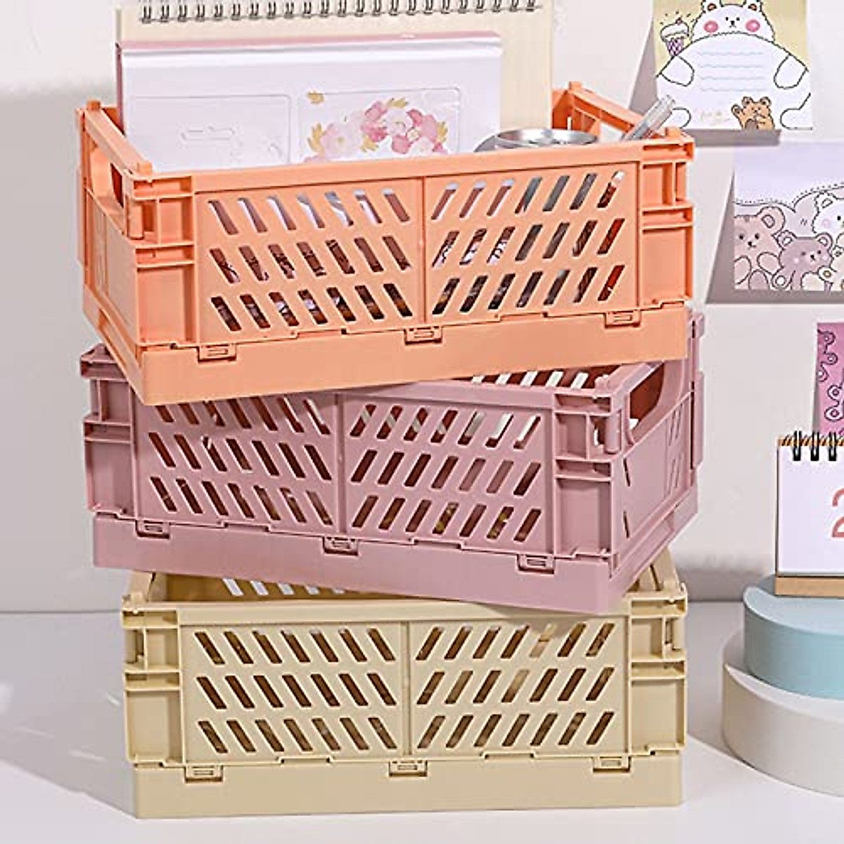 Collapsible Plastic Storage Bins, Collapsible Utility Bin Organization and Storage, Stackable Storage Bins Utility Folding Basket, Home Crate Box for for Home & Garage Organization (L, Pink)
