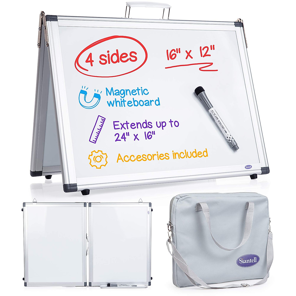 Small Dry Erase White Board – Magnetic Desktop Whiteboard - 16x12 inch 4 Sides Portable Whiteboard for Kids - Tabletop Mini Easel with Cover Bag for Office Desk, Students, Teachers