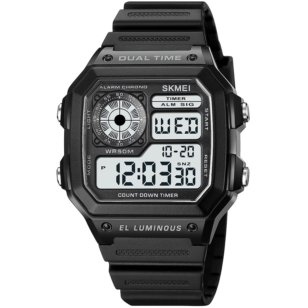 PASOY Mens Womens Sports Watch Rubber Watchband Multi-Function Alarm Stopwatch Countdown Backlight Swim Digital Waterproof Outdoor Black Watch