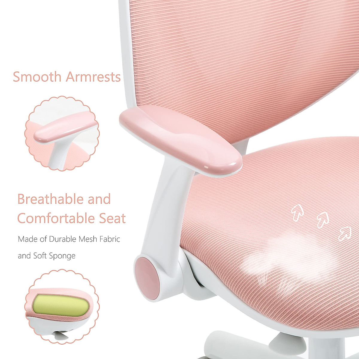 Villeston Cute Kids Desk Chair - Computer Study Reading Office Swivel Chairs for Boys Girls Teens with Adjustable Armrests and Footrest Pink