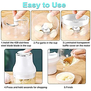 Electric Garlic Chopper, 250ML Mini Portable Veggie Chopper, Garlic Grinder Masher Onion Chopper, Blender to Vegetable, Wireless Food Processor for Ginger, Chili, Fruit, Meat, etc