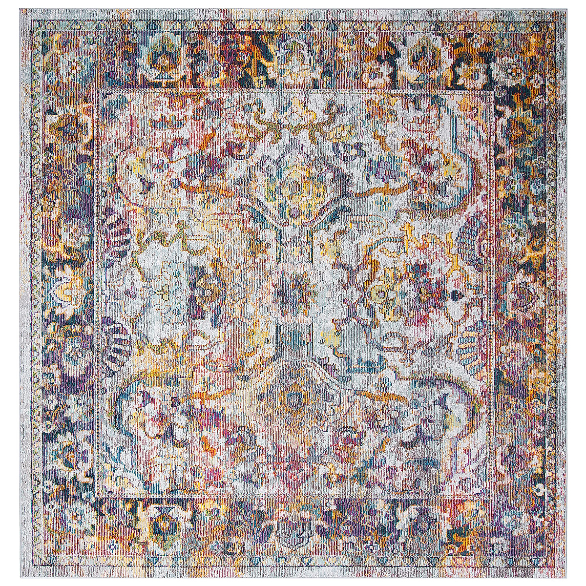 SAFAVIEH Crystal Collection Area Rug - 7' Square, Light Blue & Orange, Boho Chic Oriental Distressed Design, Non-Shedding & Easy Care, Ideal for High Traffic Areas in Living Room, Bedroom (CRS504A)