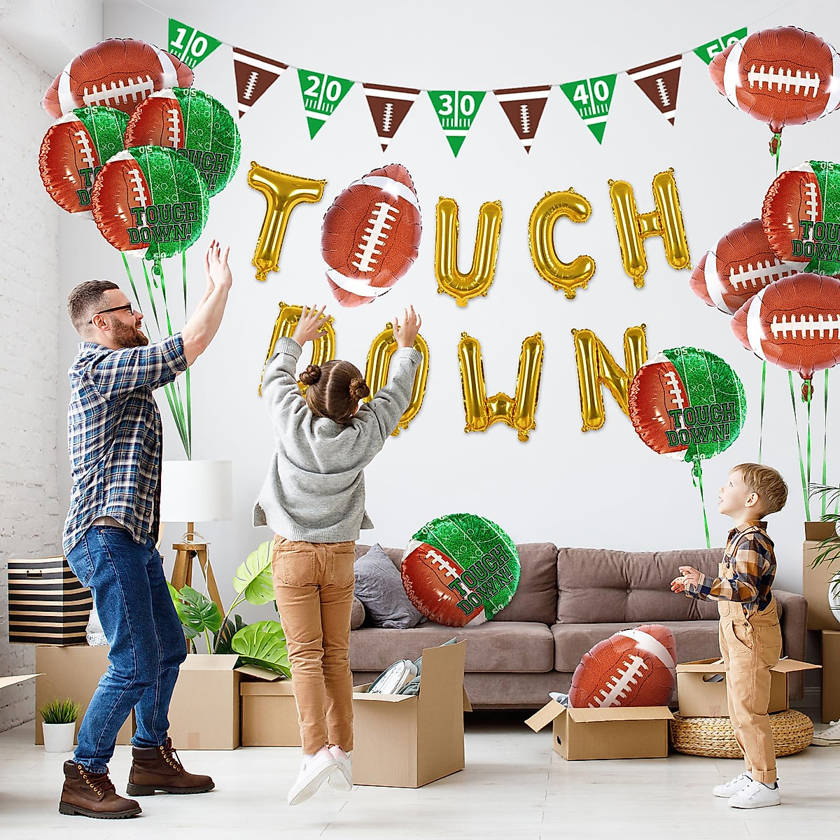 Football Party Supplies Kit - Touchdown Letter Balloons, Goal Post & Football Shaped Foil Balloons, Round 'Touchdown!' Foil Balloons, and Banner for Birthday, Game day, Tailgate Party Decorations
