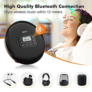 HOTT CD Player Portable with Bluetooth, Portable CD Player, CD-R,MP3 USB Rechargeable Walkman CD Player with Headphones and AUX Cable for Car Travel, Discman CD Player with Shockproof （CD711T）