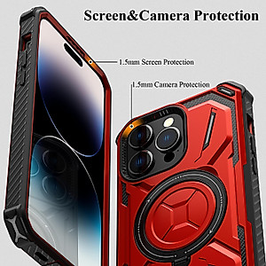 MMHUO 360°Rotatable Magnetic Ring for iPhone 14 Pro Max Case with Invisible Stand,[Compatible with MagSafe] Military Grade Drop Tested Heavy Duty Protective Case for iPhone 14 Pro Max,Red