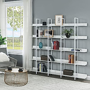 Noskatu Industrial Wide 5-Tier Bookshelf Wood and Metal Bookcase Rustic Vintage Style Bookshelves for Living Room Bedroom Home Office White
