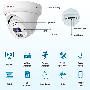 Anpviz 6MP POE Camera, UltraHD IP Camera with Mic& Speaker, Smart Color Night Vision Security Turret Camera for Day& Night, AI Human& Vehicle Detection Dome Camera with 2.8mm Lens, MicroSD(U Series)