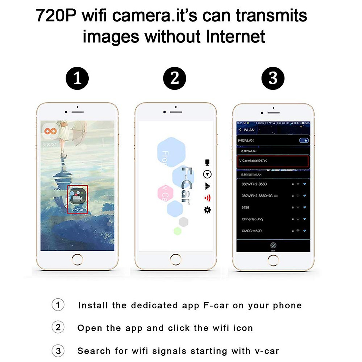Polarlander 5V Car USB Wireless WiFi Blind Spot Front Rear Side View DVR Camera 1280 * 720 WiFi Car Camera for iPhone and Android by APP