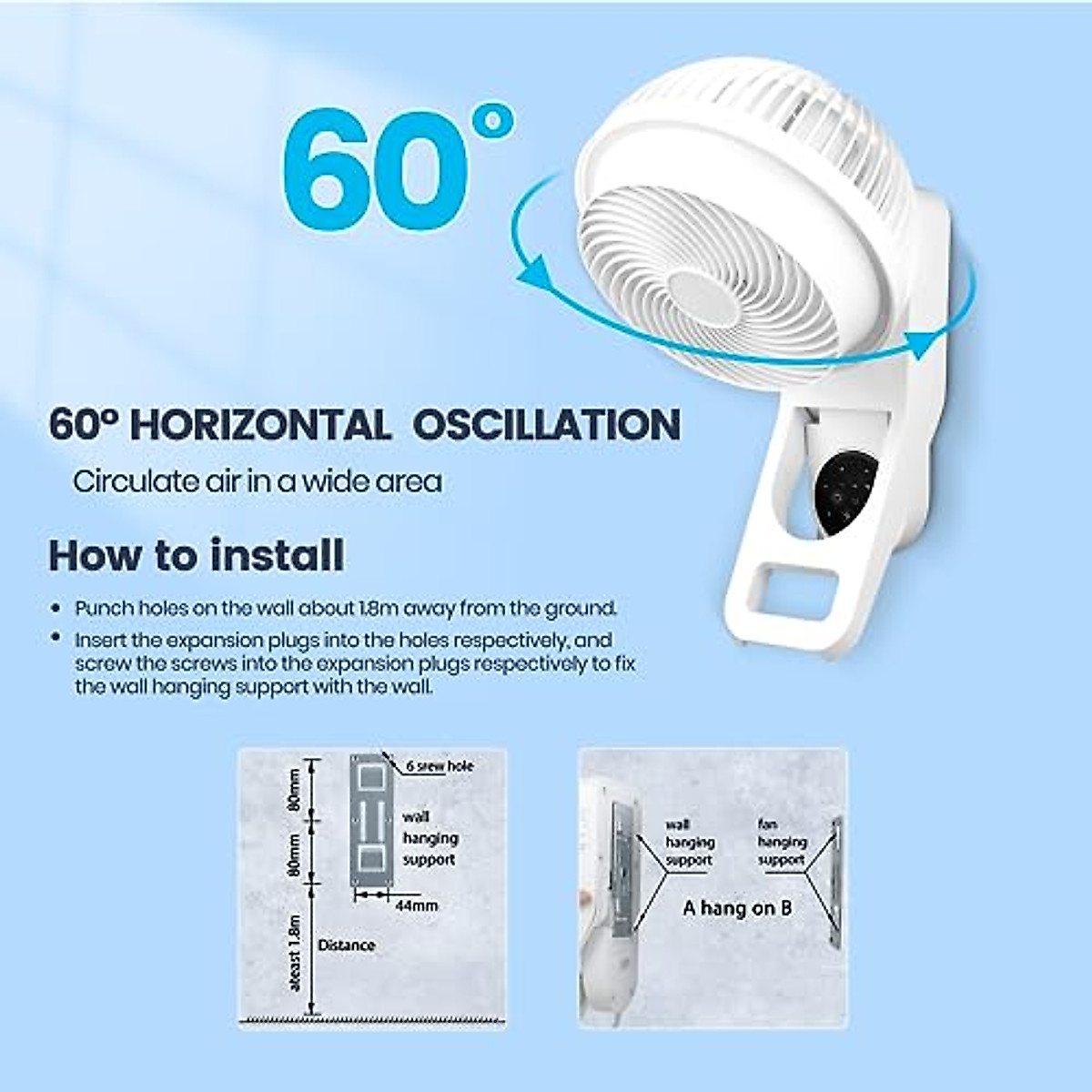 Simple Deluxe 8 inch Wall Mount Fan, 3 Speeds & 3 Modes, 15 Hours Timer, 60° Oscillating Circulating Fan, with Remote Control