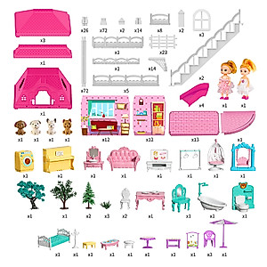 TEMI Villa Toys for 3 4 5 6 7 8 Years Old Girls - 4 Storeys 12 Rooms, Indoor Playset with 2 Dolls Toy Figures, Toys Furniture and Accessories, Pretend Girls Plays, Building Toys, Gifts Toy