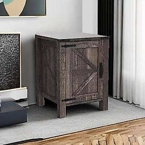 OKD Nightstand with Charging Station, 18 Inch Farmhouse End Table with Barn Door and Adjustable Storage Shelf, Rustic Wood Sofa Side Table w/Magnetic Door for Living Room, Bedroom, Dark Rustic Oak