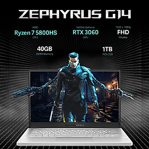 ASUS 2022 ROG Zephyrus 14" FHD 144Hz Gaming Laptop, AMD Ryzen 7-5800HS Processor, 40GB RAM, 1TB PCIe SSD, Backlit Keyboard, NVIDIA GeForce RTX 3060 Graphics, Windows 11, White, 32GB USB Card