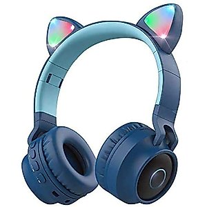 Wireless Bluetooth Kids Headphones, Damikan Cat Ear Bluetooth Over Ear Headphones, LED Lights, FM Radio, TF Card, Aux, Mic for iPhone/iPad/Kindle/Laptop/PC/TV (Blue)