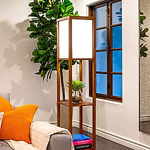 Brightech Maxwell - Modern Shelf Floor Lamp with Lamp Shade and LED Bulb - Corner Display Floor Lamps with Shelves for Living Room, Bedroom and Office - Walnut Brown