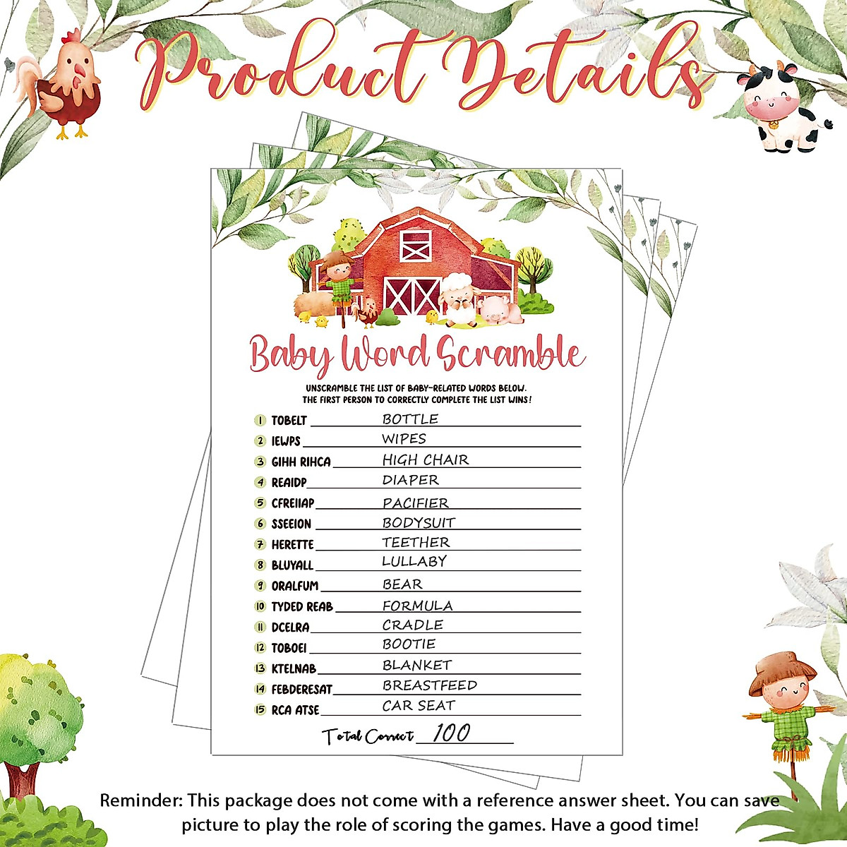 150 Pcs Watercolor Farm Animals Baby Shower Games Set 6 Games with 20 Pieces Pencils for Baby Shower Games Activities Include Baby Descriptions, Guess Who, Baby Price, Bingo Game, Word Scramble Game