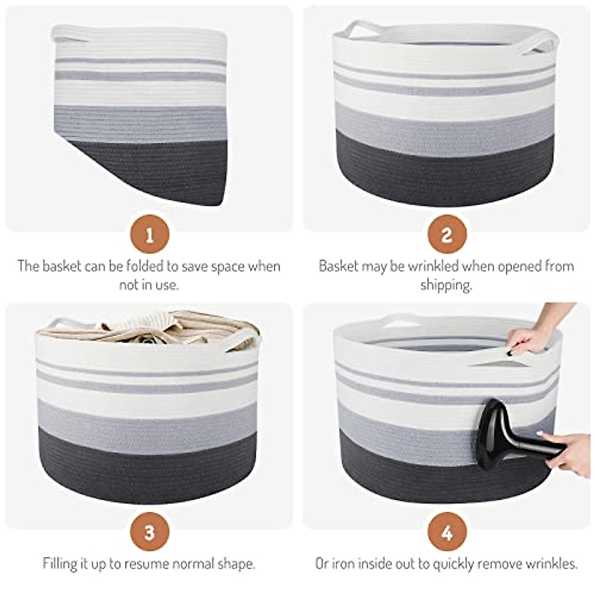 WISELIFE Storage Basket Large Cotton Rope Basket 21.7"x 21.7" x 13.8" Baby Laundry Basket with Handle Big Basket Soft Nursery Cube Bin Durable Laundry Hamper for Living Room(Gradient Grey)