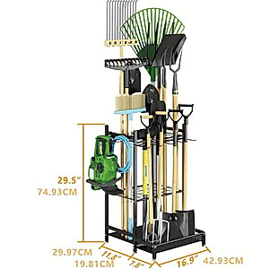 Heavy-Duty Tool Organizer Rack - Spacious Storage for Long-Handled Gardening Tools, Hooks, and Accessories - Durable Metal Construction, Sturdy, Black, Ideal for Garage and Utility Storage