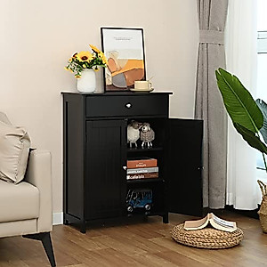 Iwell Bathroom Cabinet, Free Standing Bathroom Storage Cabinet with 1 Large Drawer & Adjustable Shelves, Wooden Entryway Storage Cabinet for Bathroom, Kitchen, Living Room, Black