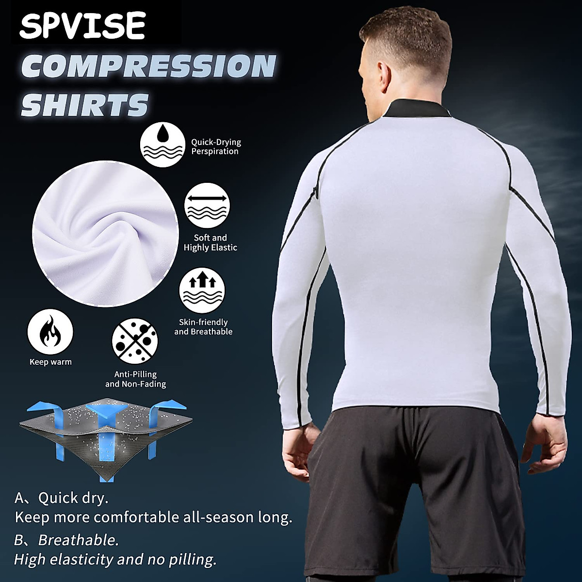 SPVISE White Compression Shirt Men Long Sleeve Workout Gym Top Rash Guard Athletic Undershirt Gear T Shirt for Sport Cool Dry