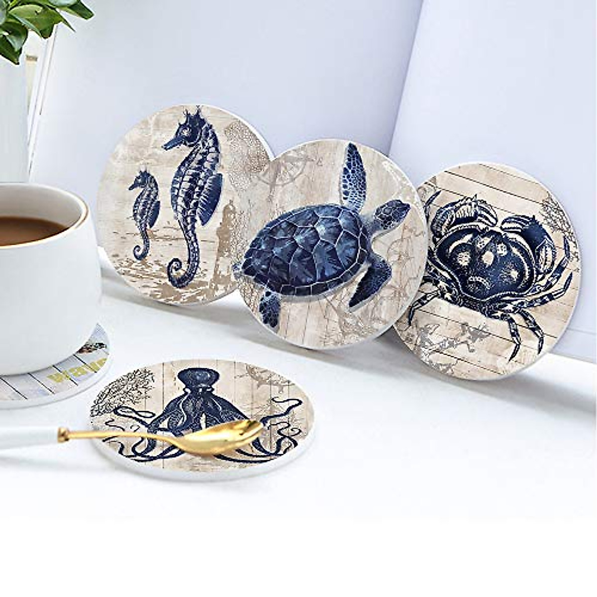 Absorbent Coasters Natural Ceramic Thirsty Stone Navy Blue Octopus Seahorse Crab Turtle Ocean Theme Coaster Set for Drinks Cork Backing (sea Animals)…