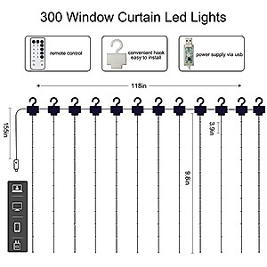 GIREALO Starry Window Curtain String Light Warm White 300 LED 8 Lighting Modes USB Powered Fairy Lights Remote Control Strip Lights for Bedroom Home-Party Wall Decorations