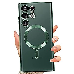 WPCase Magnetic Clear Case Designed for Samsung Galaxy S23 Ultra Green with [Camera Lens Protector & Compatible with MagSafe] Electroplated Soft TPU Shockproof Anti-Scratch Phone Case for Women Men