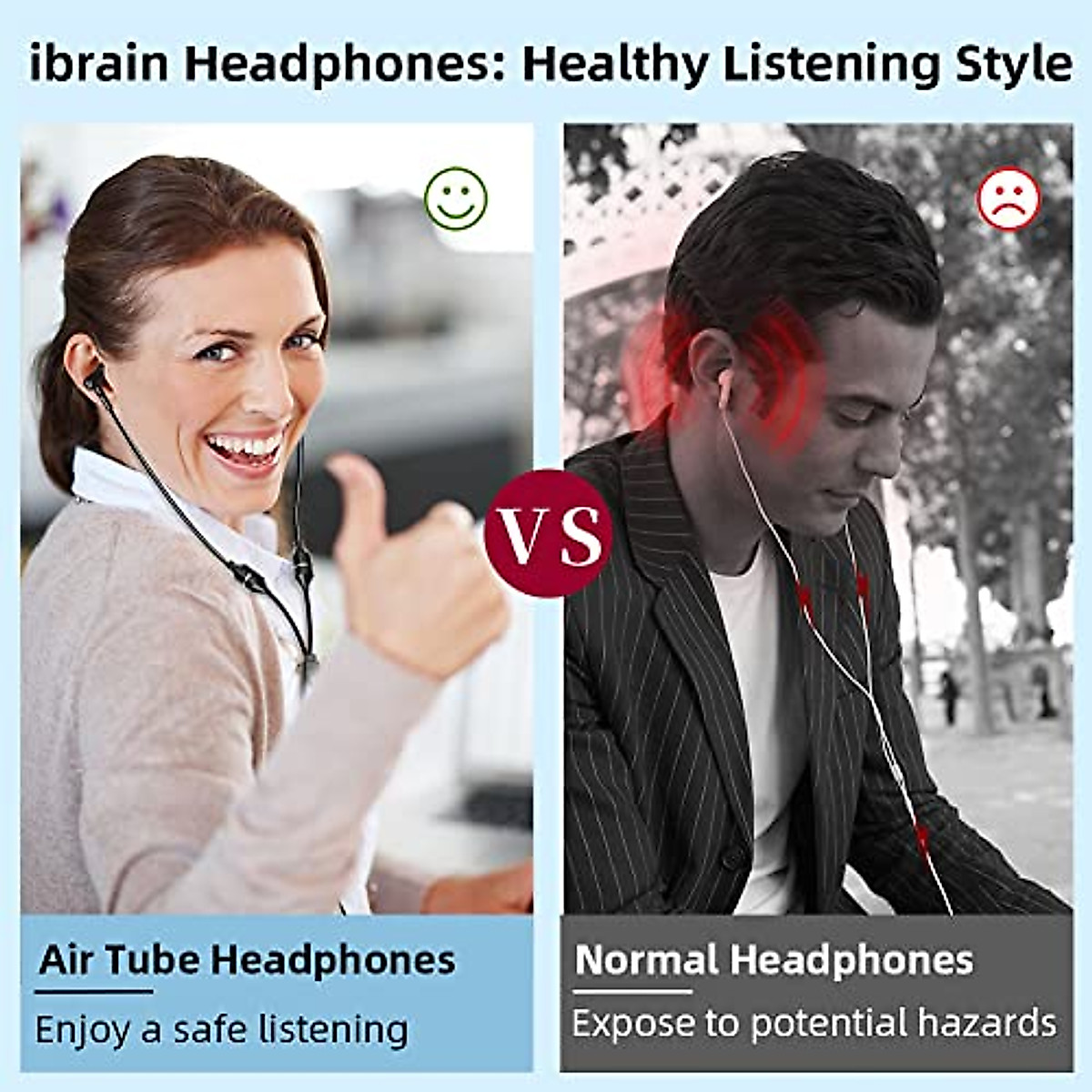ibrain Air Tube Headphones Air Tube Earbuds with Patented Technology Airtube Headset with Microphone & Volume Control Airtube Headphones for a Safe and Healthy Listening (Black)
