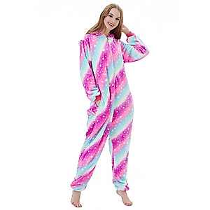 ABENCA Fleece Unicorn Onesie Adult Pajamas for Women Cartoon Animal Christmas Halloween Cosplay Onepiece Costume,Sky Unicorn, L