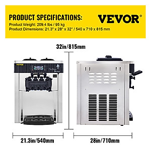 VEVOR Commercial Ice Cream Machine 5.3 to 7.4Gal per Hour Soft Serve with LED Display Auto Clean 3 Flavors Perfect for Restaurants Snack Bar, 2200W, Sliver