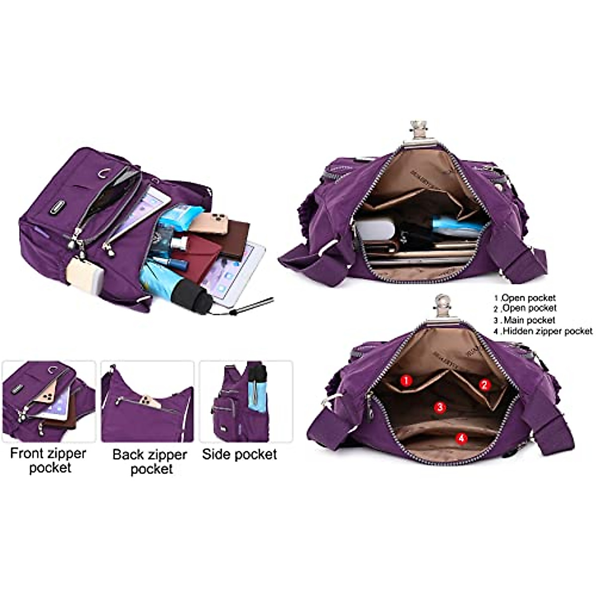 JiaYou Women Nylon Croosbody Bag Casual Hobo Bag fit for Shooping Travel(Purple,6 Liters)