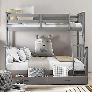 Twin Over Full Bunk Bed, Twin Over Full Bunk Bed with 2 Storage Drawers, Solid Wood Bunk Bed Frame with Guardrails and Ladder for Kids Boys Girls Teens Adults, No Box Spring Needed, Grey