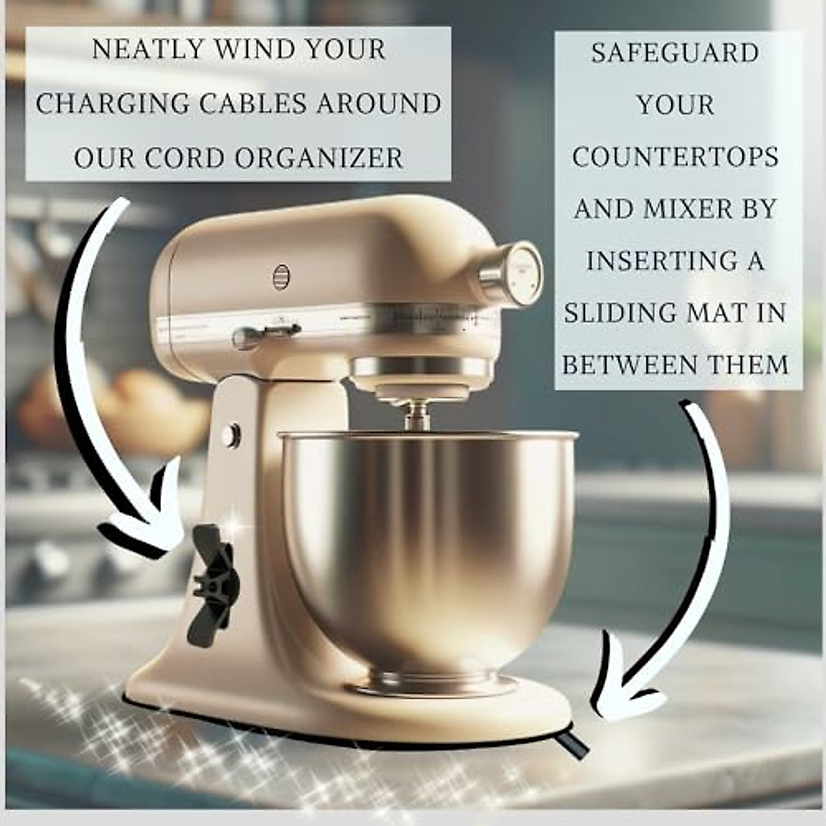 Heimn Sliding Mat and two Cord Organizers compatible with KitchenAid 4.5-5 Qt Tilt-Head Stand (4.5-5Qt Black Mat＋2xBlack Kitchen Accessories, 22x38-8.66x14.96")