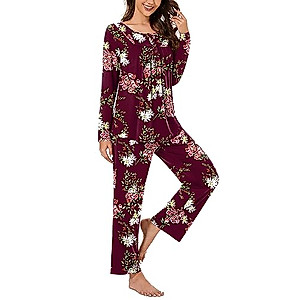Bestbee Womens Pajama Set, 2 Piece Lounge Outfits Pleated Sleepwear Sets Long Sleeve With Pockets Ladies Pjs, M, Floral Wine