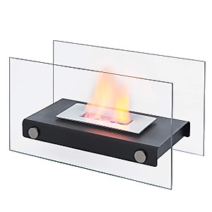 Danya B. Rectangular Tabletop Smokeless Fireplace with Clear Glass Panels, Indoor/Outdoor Use, Ventless, Portable, 7.5" H x 6.75" D x 13.25" W, Modern Matte Black Metal Fire Pit, Bio-Ethanol Fuel