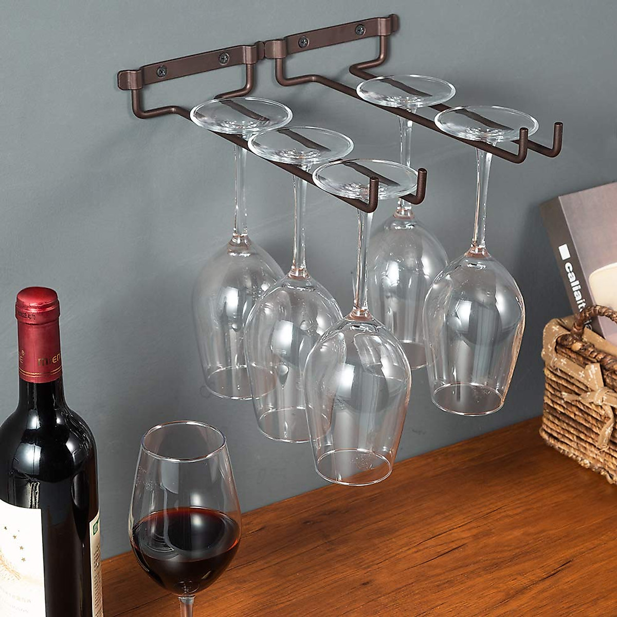 BOOKZON Wine Glass Rack Wall Mounted Set of 2 Bronze, Stemware Rack, Wine Glasses Holder Storage Hanger Organizer Metal for Cabinet Kitchen or Bar (no glasses included)