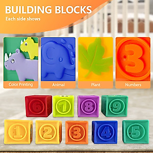 ROHSCE Baby Building Toys & Sensory Toys Set: 9 Building Blocks, 4 Textured Sensory Balls - Soft Colorful Baby Teething & Bath Toys, Stacking Blocks Toys, Educational Toys