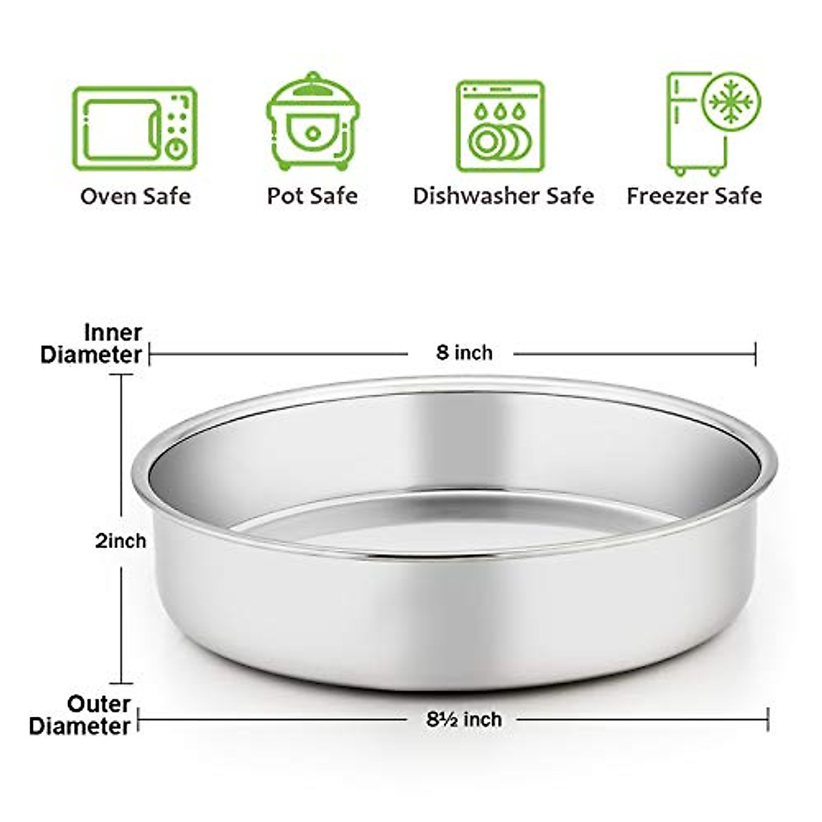 E-far 8 Inch Cake Pan Set of 3, Stainless Steel Round Layer Cake Baking Pans, Non-Toxic & Healthy, Mirror Finish & Dishwasher Safe