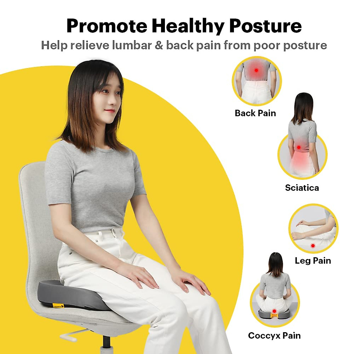 Lemonduck Seat Cushion, Memory Foam Chair Cushion for Office Chair Car Seat Wheelchair, Sciatica Coccyx Tailbone Back Pain Relief