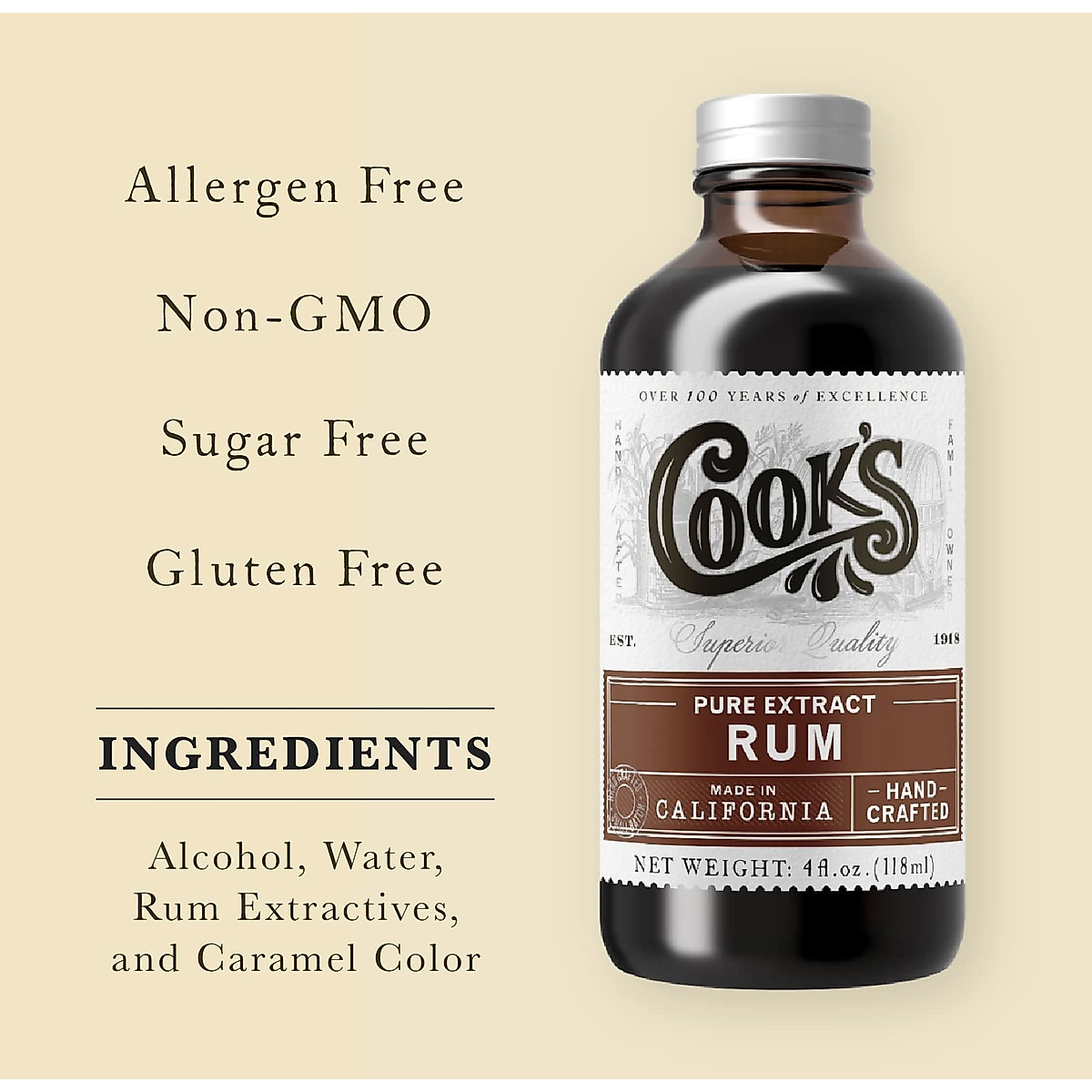 Cook's, Pure Rum Extract, For Baking, Ice Cream, Candies, Cakes, 4 oz