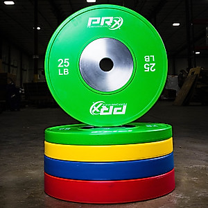 PRx Performance Color Elite Bumper Plate Pairs, Steel Center Insert with 2" Sleeve Hole, Minimal Bounce (45lb Pair)