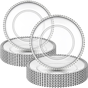 18 Pcs Plastic Beaded Charger Plates 13 Inch Round Dinner Chargers Silver Bead Charger for Dinner Plates Clear Service Plates for Wedding Birthday Party Events Bridal Shower Dinner Tabletop Decoration