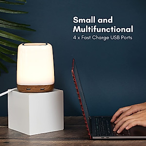 Macally LED Table Lamp with USB Port (4 Fast Charge Ports) - 3 Level Brightness Touch Sensor Control - Small Bedside Lamp with USB Port & (2700K) Warm White - LED Desk Lamp with USB Charging Port