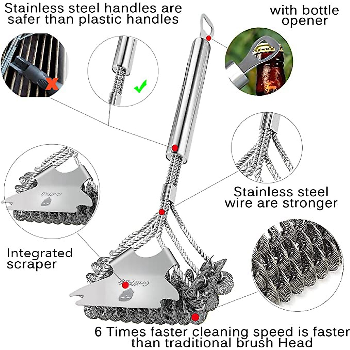 GrillPals Grill Brush & Scraper - Featured On ABC Morning News - BBQ Brush for Grill Cleaning - Stainless Steel Brush and Handle w/ Extra Wide Grill Scraper - Bottle Opener Included