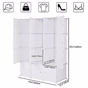 Modular Cube Organizer with Hanging Rod 12 Cube Stackable Plastic Wardrobe Cabinet with White Doors - Portable Closet Wardrobe