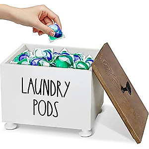 Rustic Wood Laundry Pods Holder Container with Lid for Laundry Room Decor and Accessories, Laundry Detergent Pod Holder Storage Dispenser, Space Saving Laundry Room Organization and Storage
