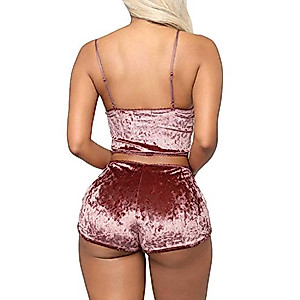 Springcmy Women's Velvet 2PCS Outfits Spaghetti Strap Crop Top and Shorts Pajama Sets (Pink,S)