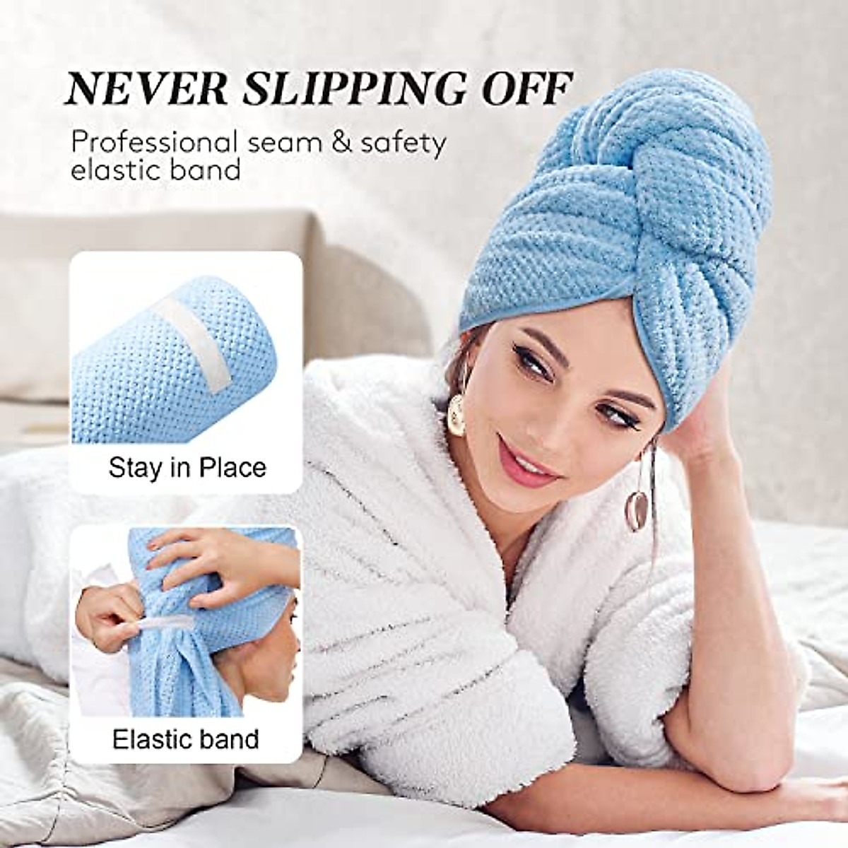 Sucedul Large Microfiber Hair Towel Wrap for Women, 2 Pack Super Absorbent Hair Drying Towel, Anti Frizz Fast Drying Hair Turbans for Long, Thick, Curly Hair, Super Soft Hair Wrap Towels Blue Pink