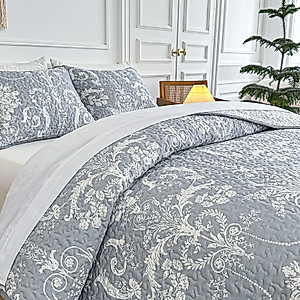 Gray Cotton Quilt Set Queen Size Floral Quilt Set White Flowers Leaves Cotton Reversible 3pc Quilt Bedding Set, Coverlet, Bedspread with 2 Pillow Shams