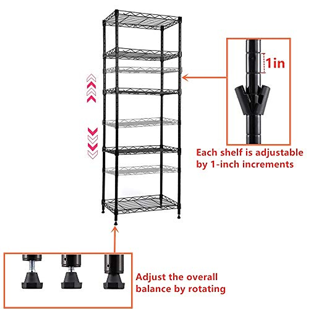 YOHKOH 5-Wire Shelving Metal Storage Rack Adjustable Shelves for Laundry Bathroom Kitchen Pantry Closet (16.6L x 11.8W x 48H, Black)